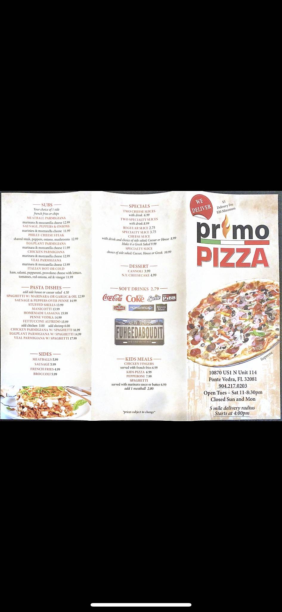 Menu at Primo Pizza pizzeria, Palm Valley