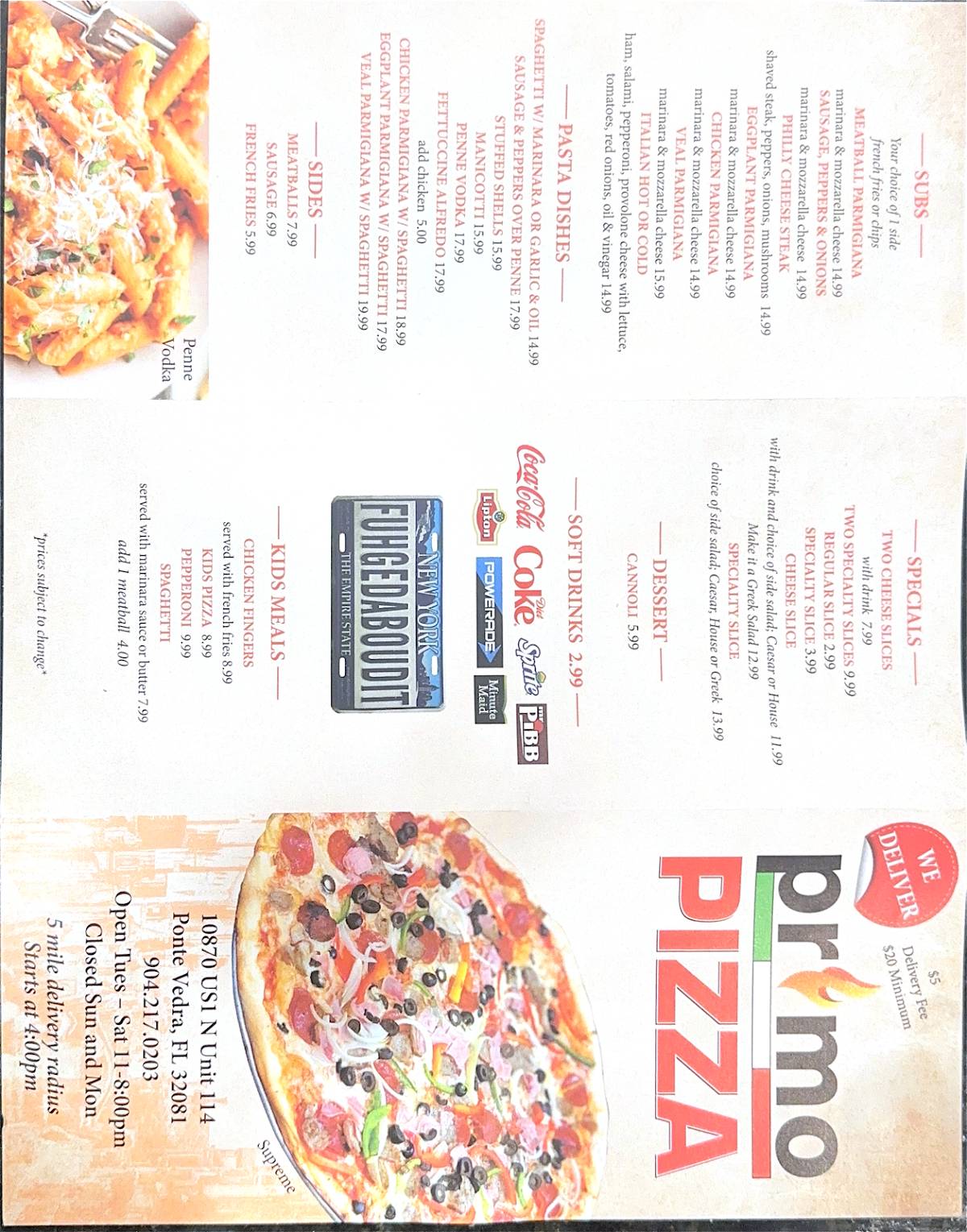 Menu at Primo Pizza pizzeria, Palm Valley
