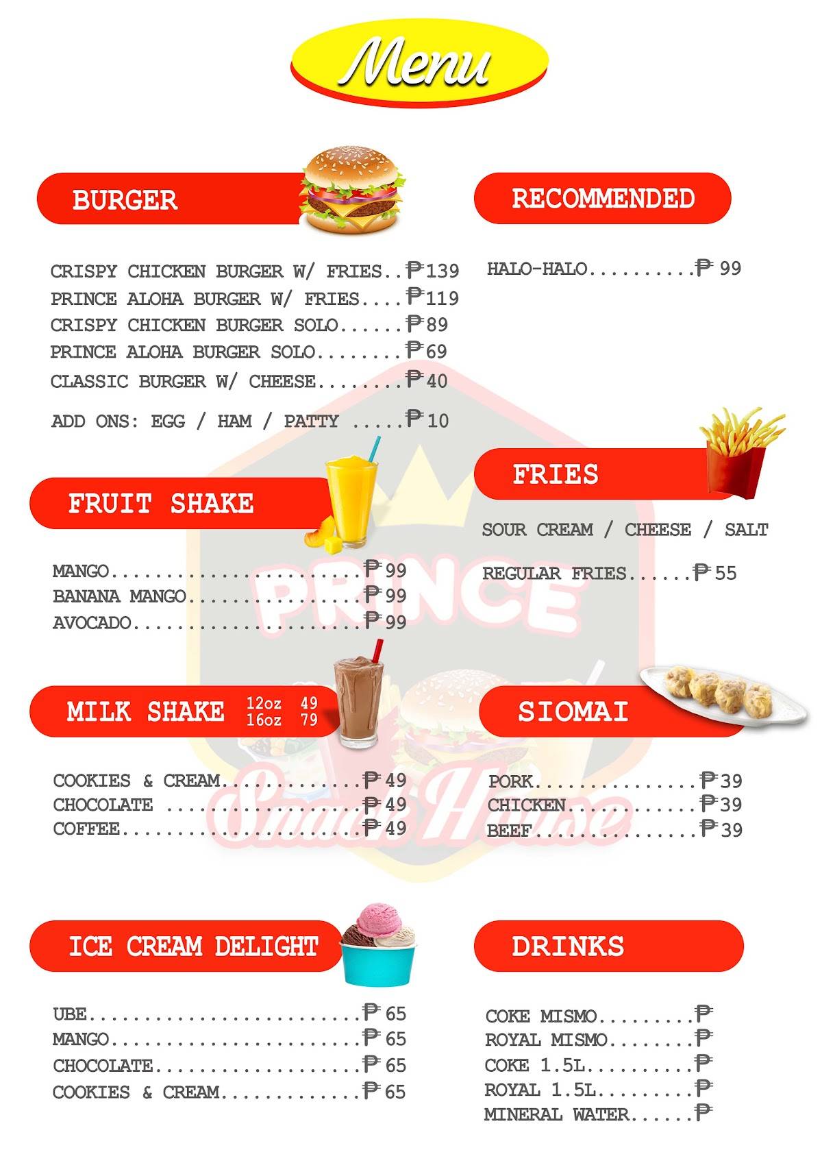 Menu at Prince Snack House restaurant, Cabadbaran City