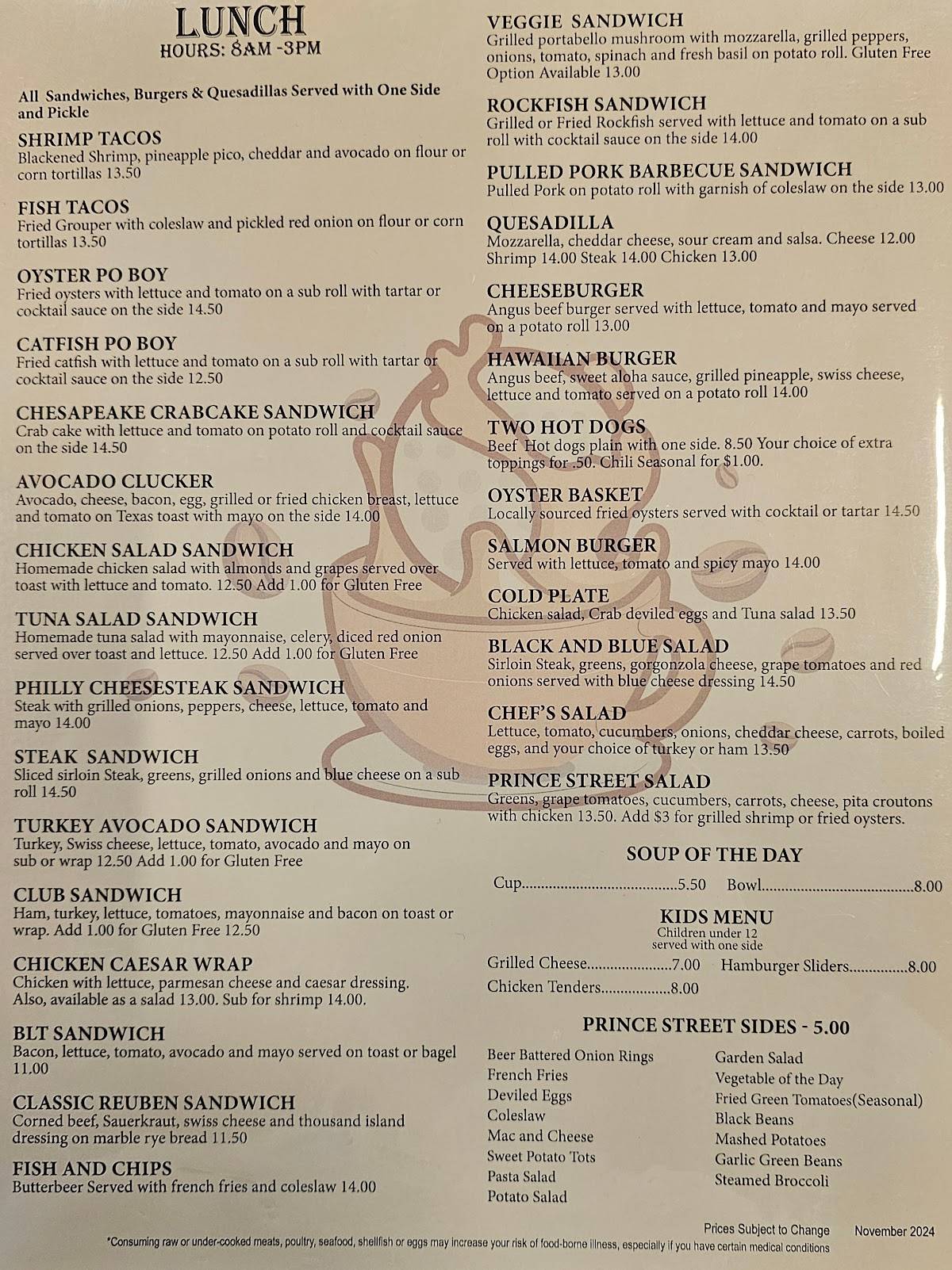 Menu at Prince Street Café at Hobbs Hole cafe, Tappahannock