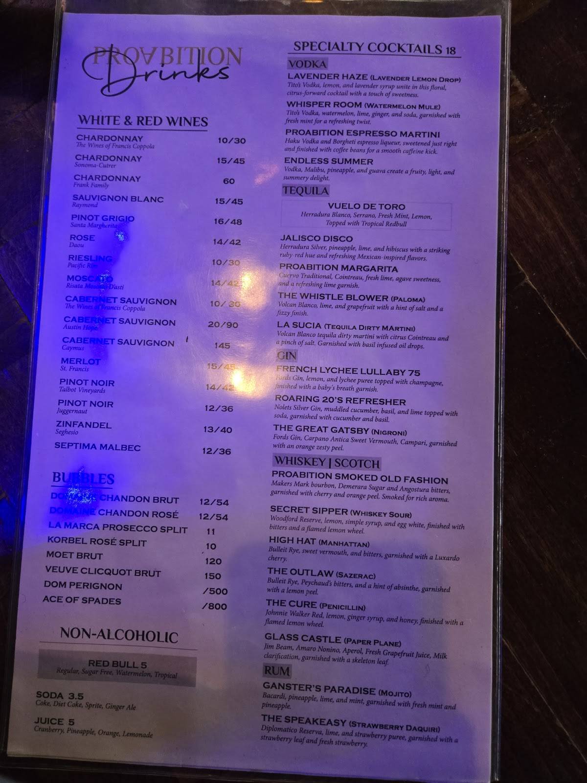 Menu at ProAbition pub & bar, Riverside