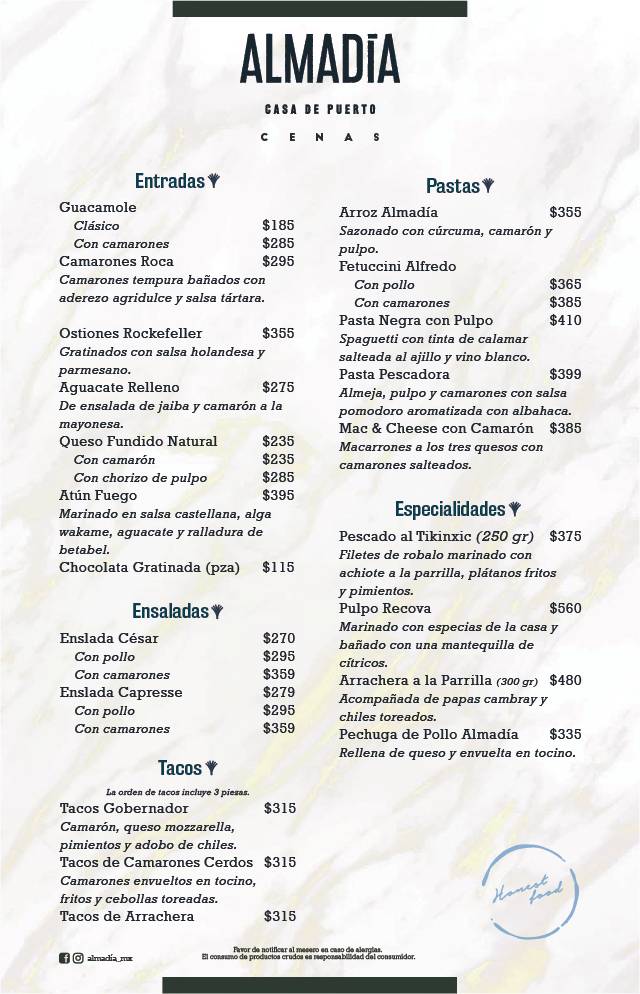 Menu at Almadía restaurant, Progreso, C. 19 138