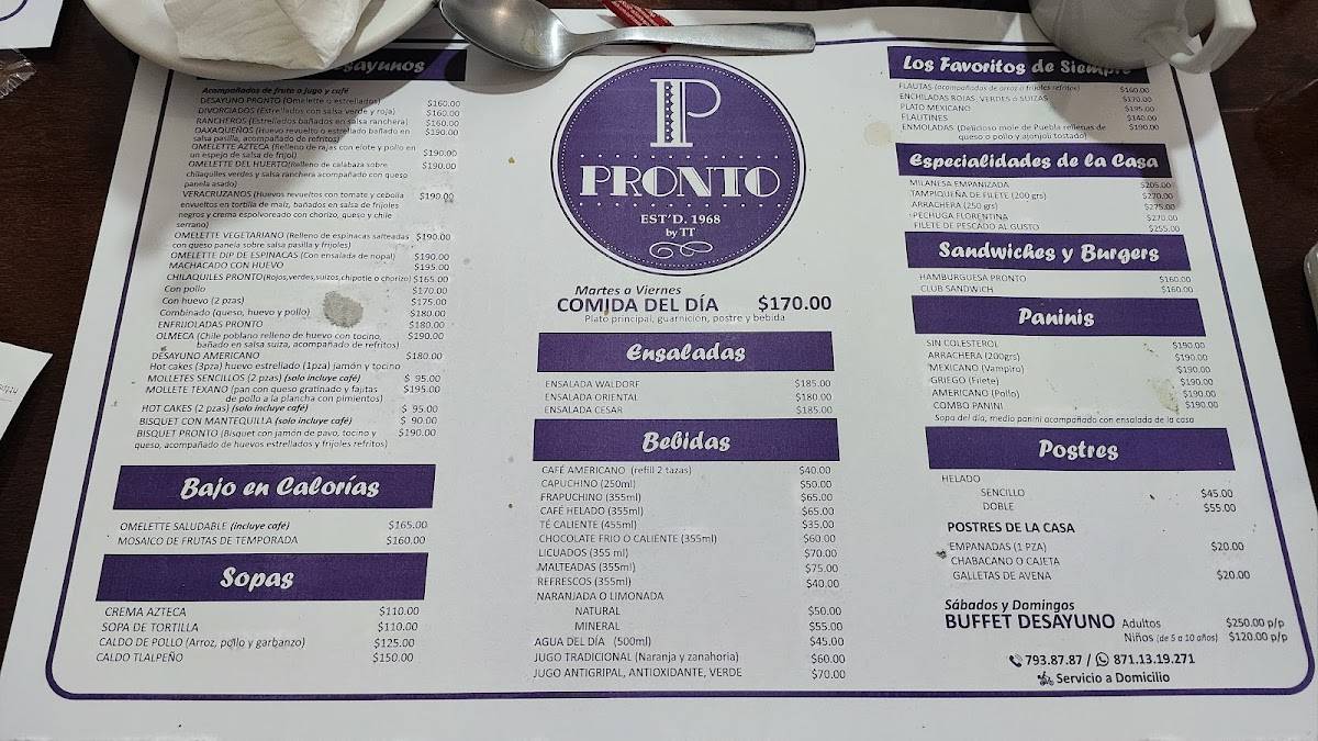 Carta del restaurante Pronto, Torreón, Blvrd Revolución 2360