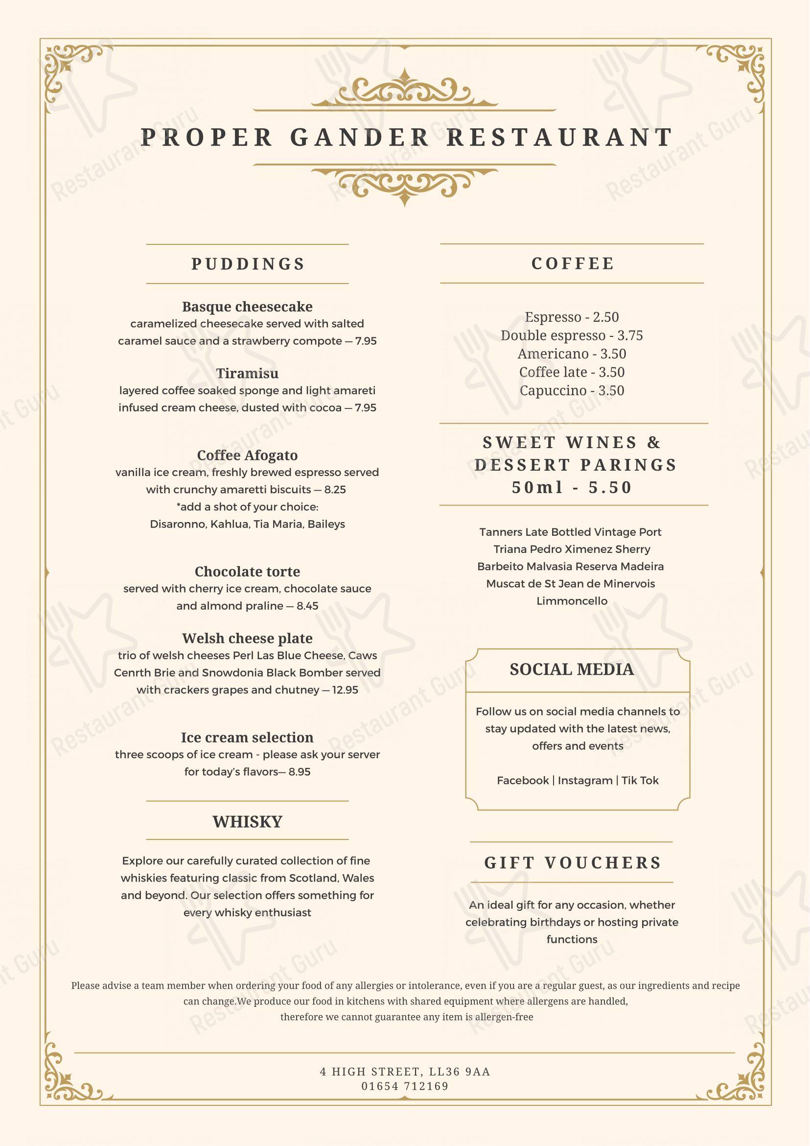 Menu at Proper Gander restaurant, Tywyn
