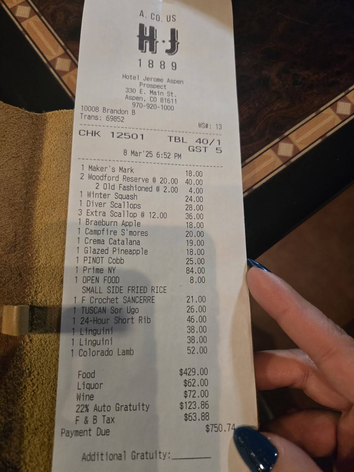 Menu at Prospect at Hotel Jerome restaurant, Aspen