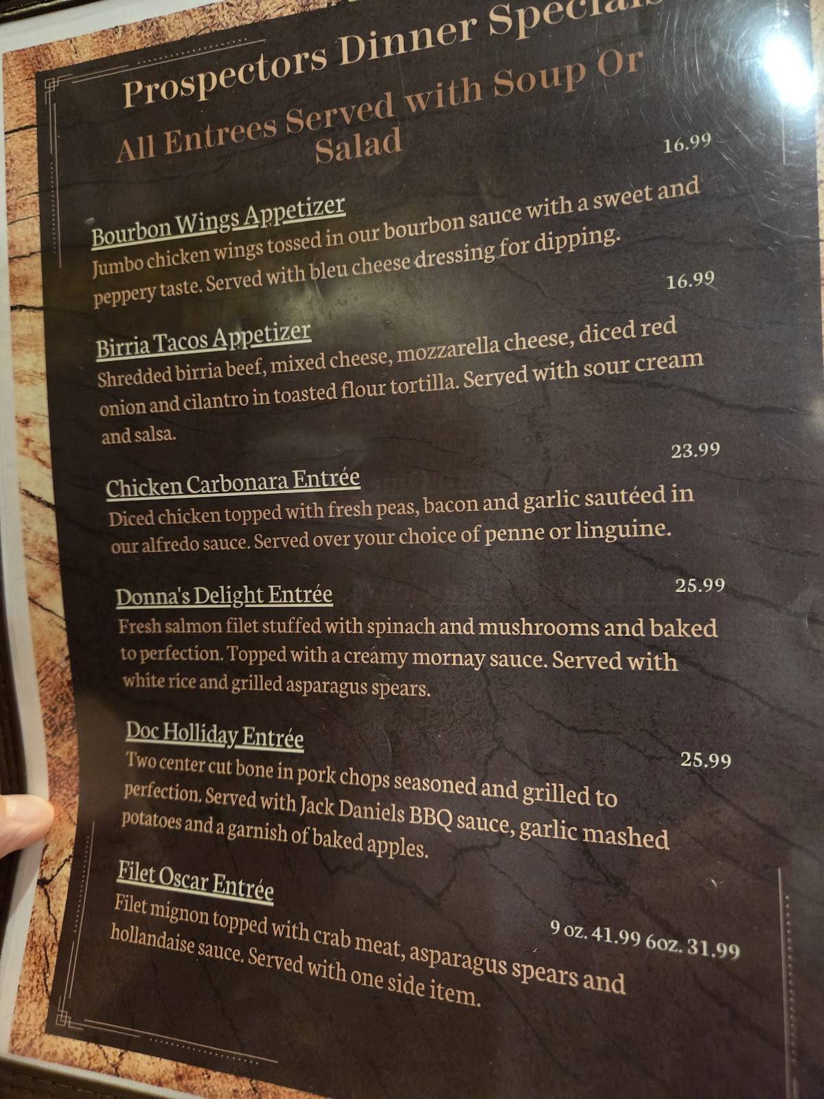 Menu at Prospector's Steakhouse & Saloon, Mount Laurel