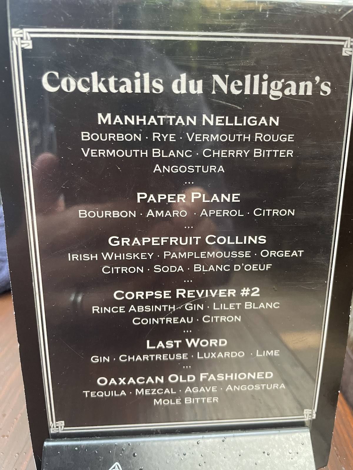 Menu au Pub Nelligan's, Québec