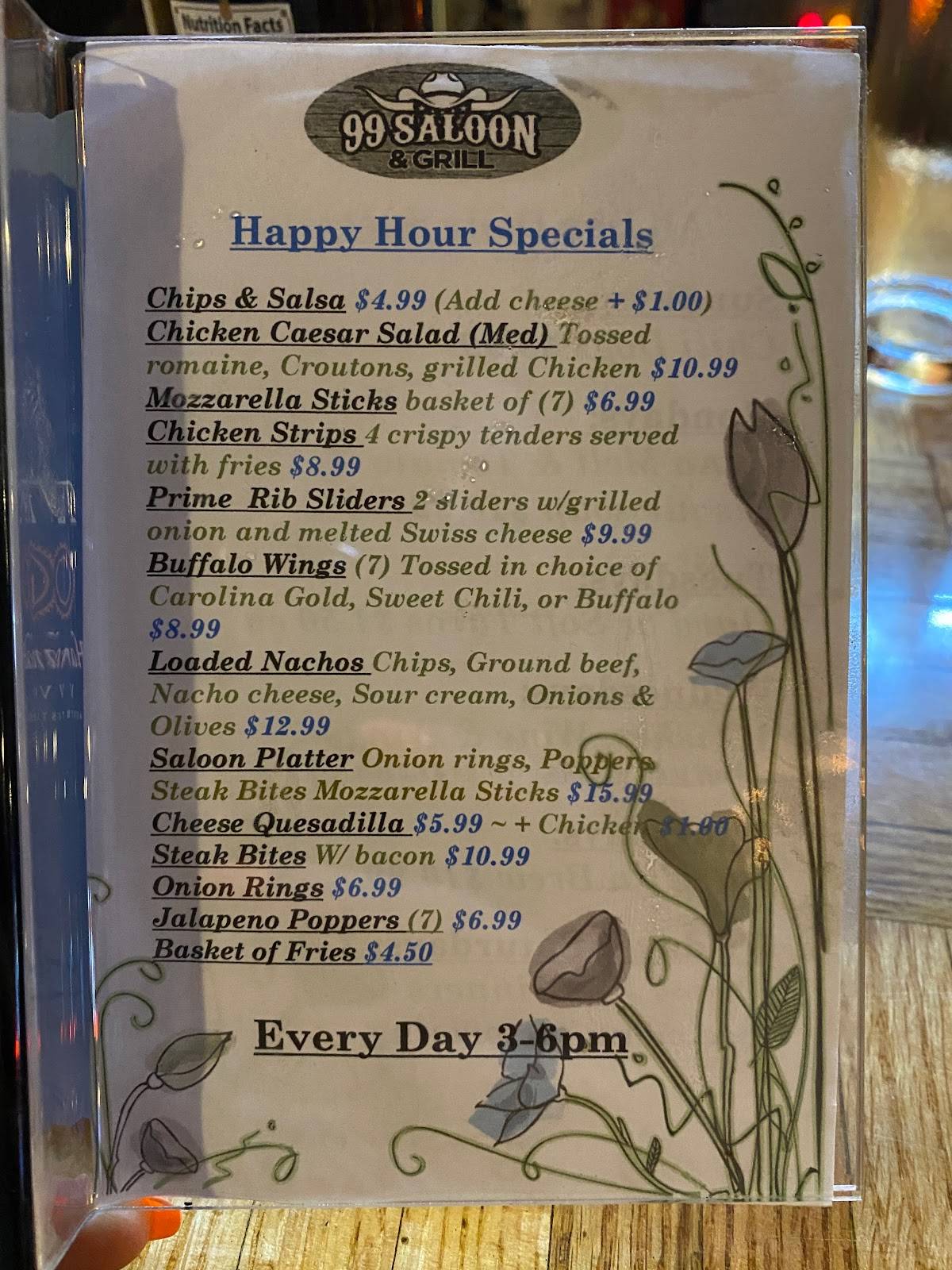 Menu at 99 Saloon & Grill pub & bar, Vancouver