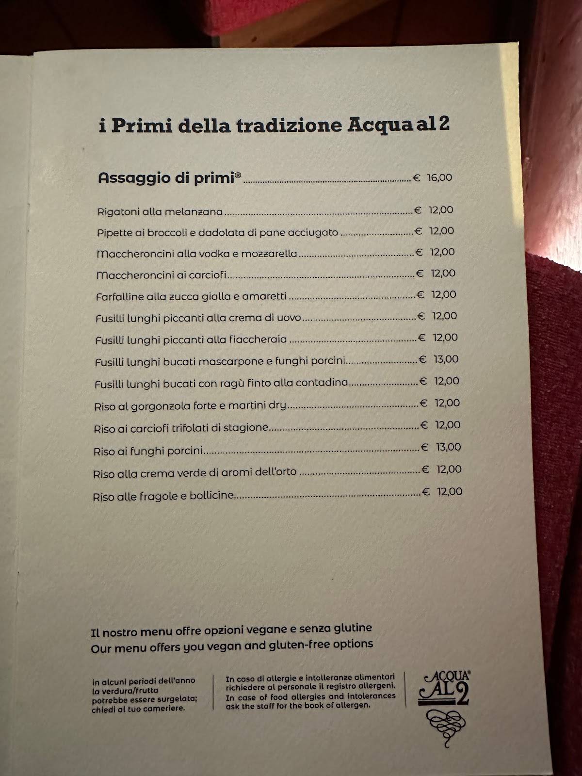 Menu au Acqua Al 2 pub et bar, Florence