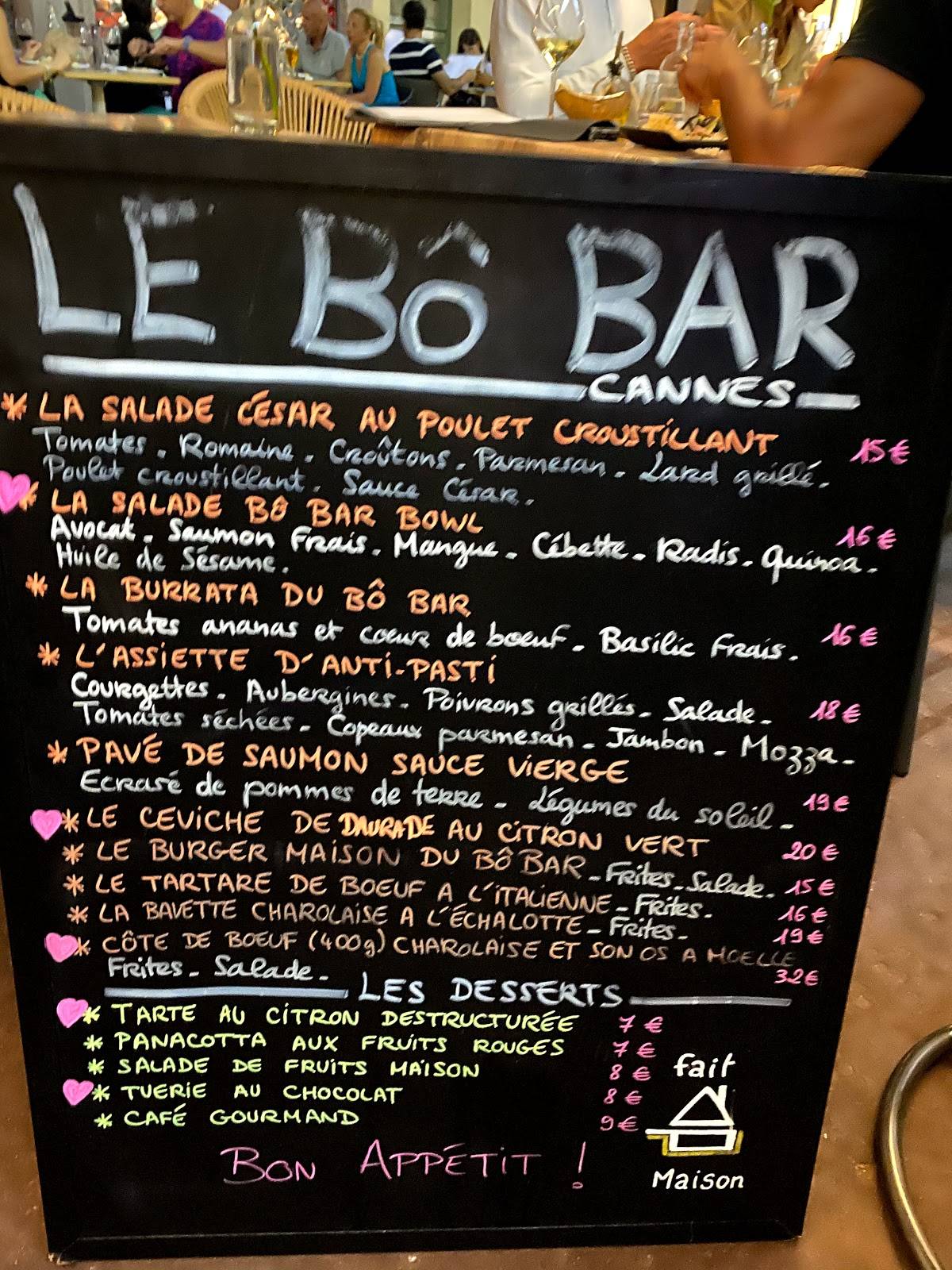 Menu au Bôbar Cannes, Cannes