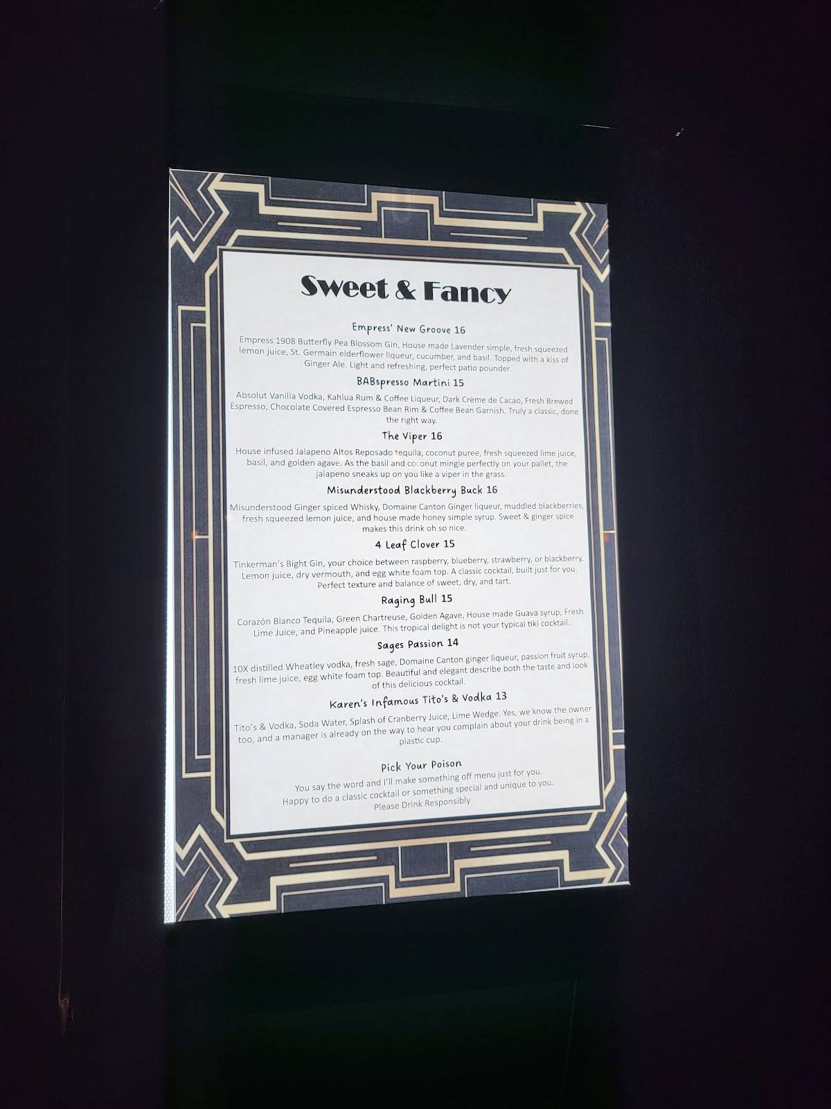 Menu at BAB's Secret Lounge pub & bar, Lutz