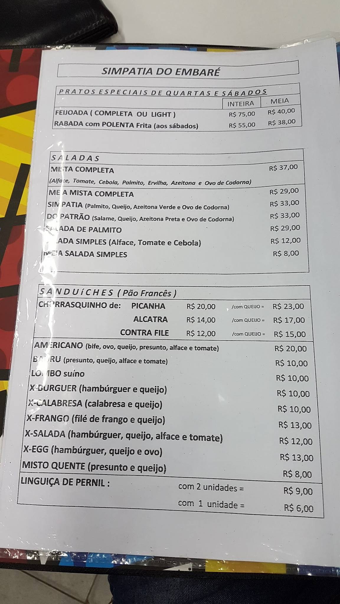 Menu em Bar e Lanches Simpatia do Embaré, Santos