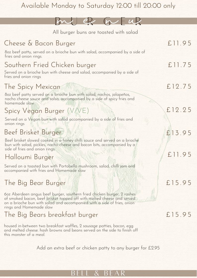 Menu at Bell & Bear Inn pub & bar, Rowley Regis