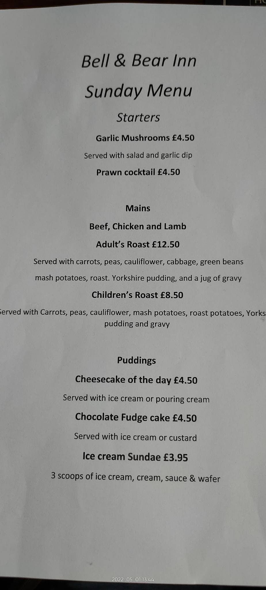 Menu at Bell & Bear Inn pub & bar, Rowley Regis