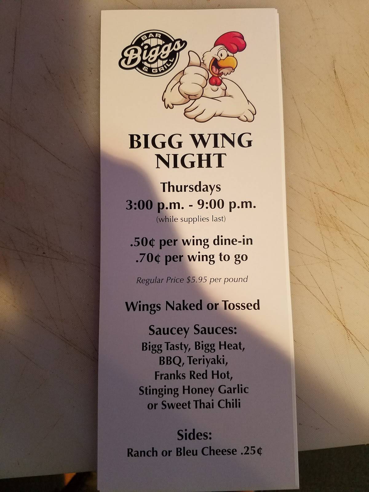 Menu at Bigg's Bar & Grill, Watertown