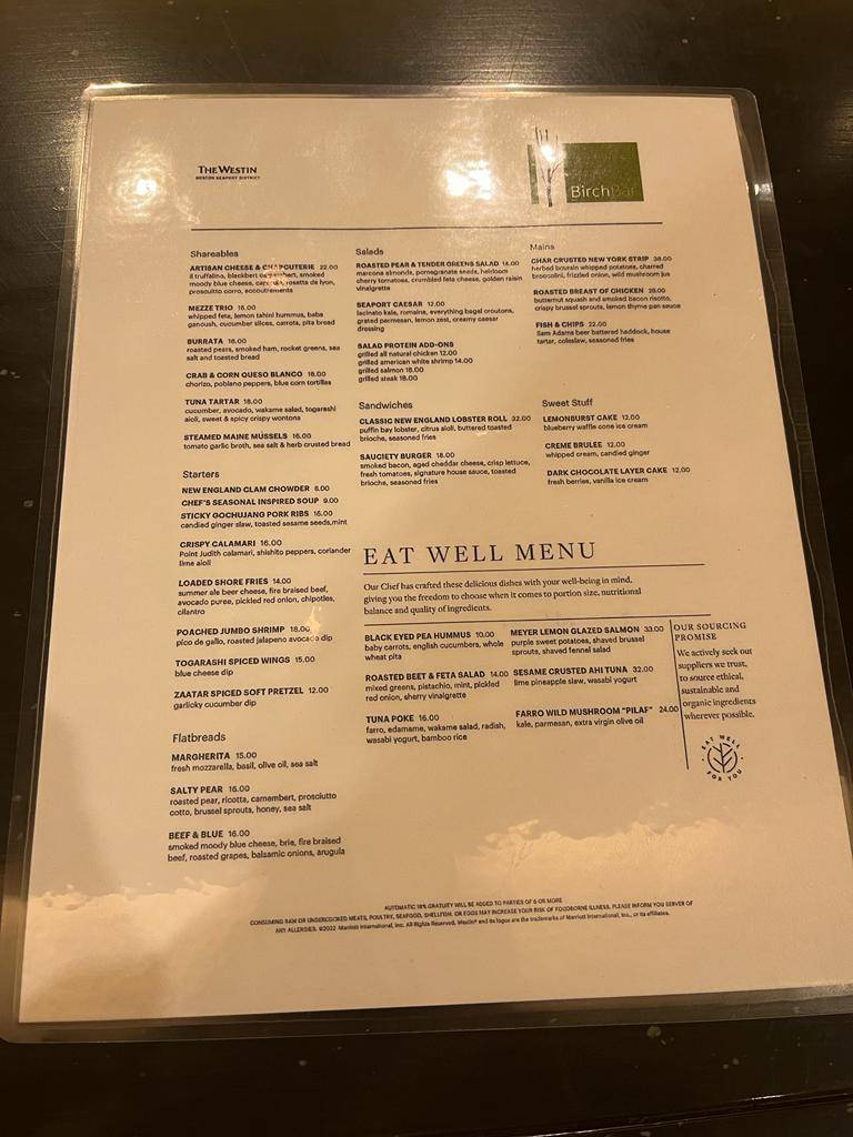 Menu at Birch Bar, Boston