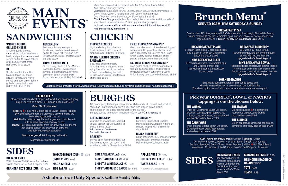 Menu at Bix & Co. pub & bar, West Des Moines
