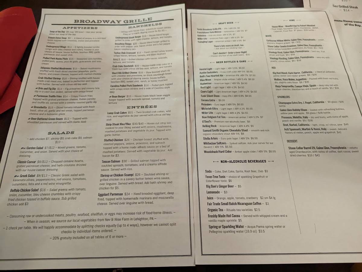 Menu at Broadway Grille + Underground pub & bar, Jim Thorpe