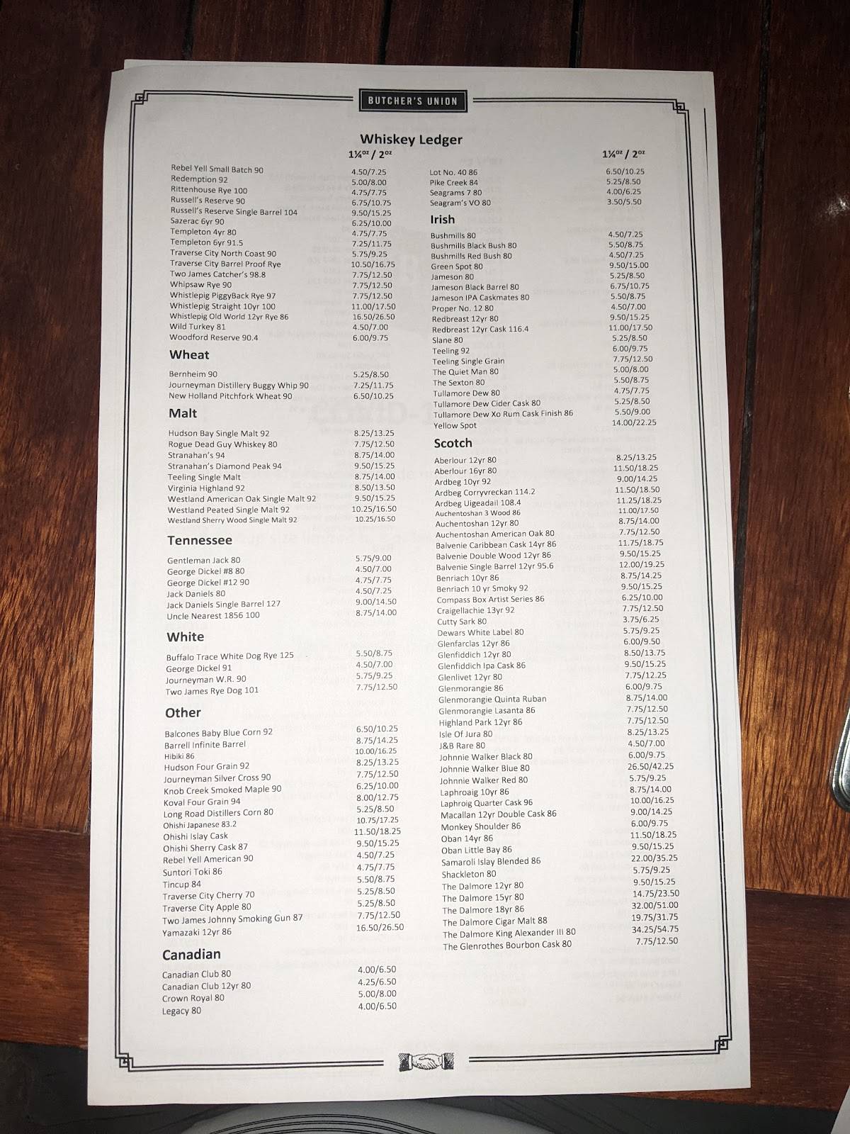 Menu at Butcher's Union pub & bar, Grand Rapids, 438 Bridge St NW