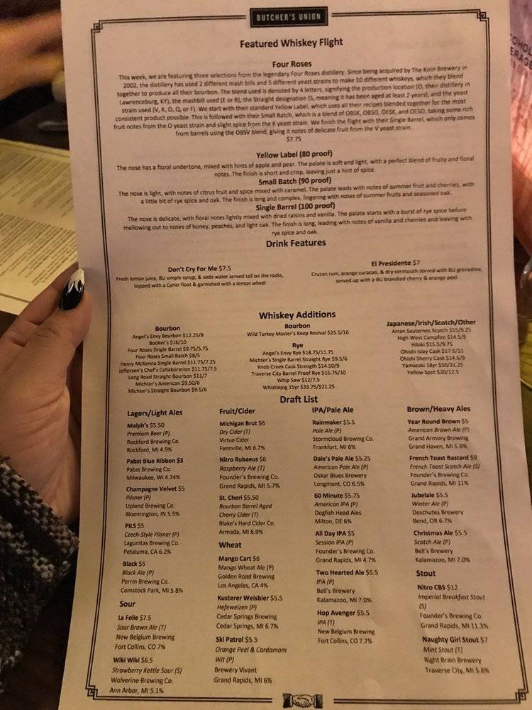 Menu at Butcher's Union pub & bar, Grand Rapids, 438 Bridge St NW