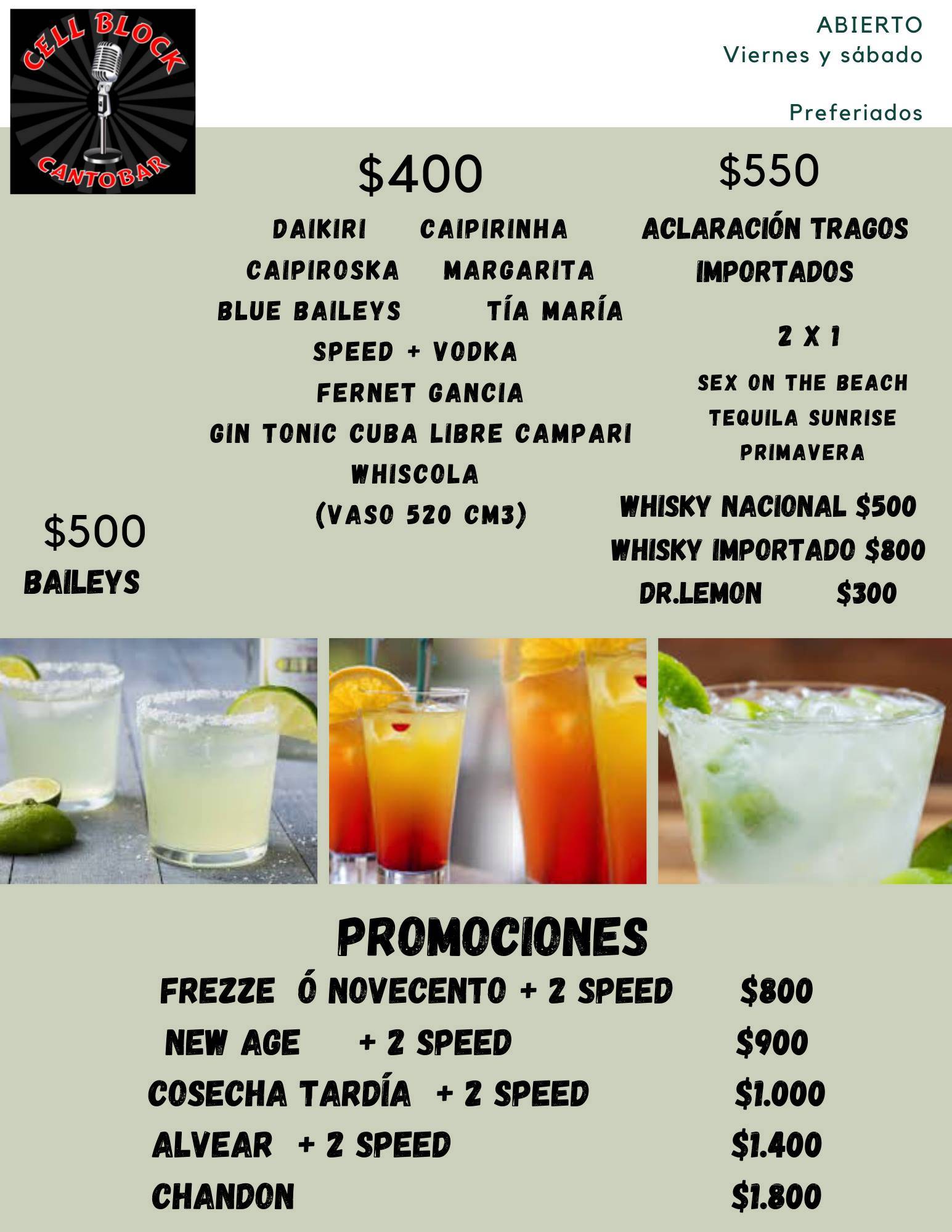 Carta de Cell Block Canto Bar, Olivos