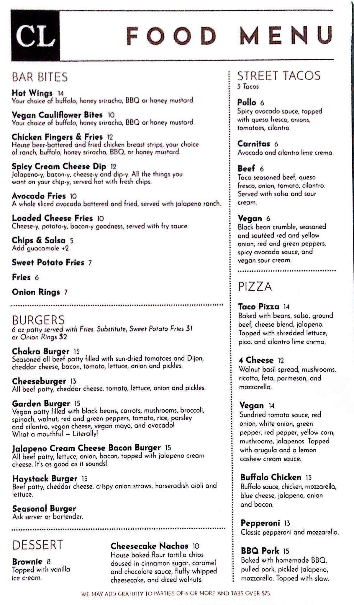 Menu at Chakra Lounge pub & bar, Salt Lake City