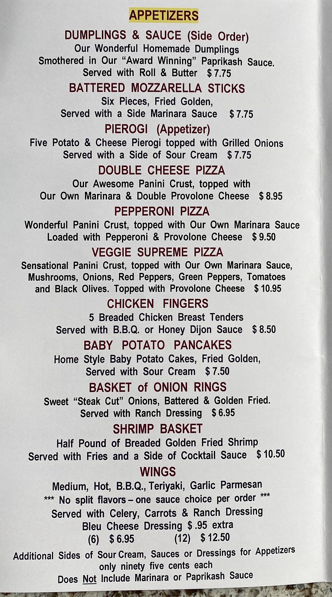 Menu at Clubhouse, Parma Heights