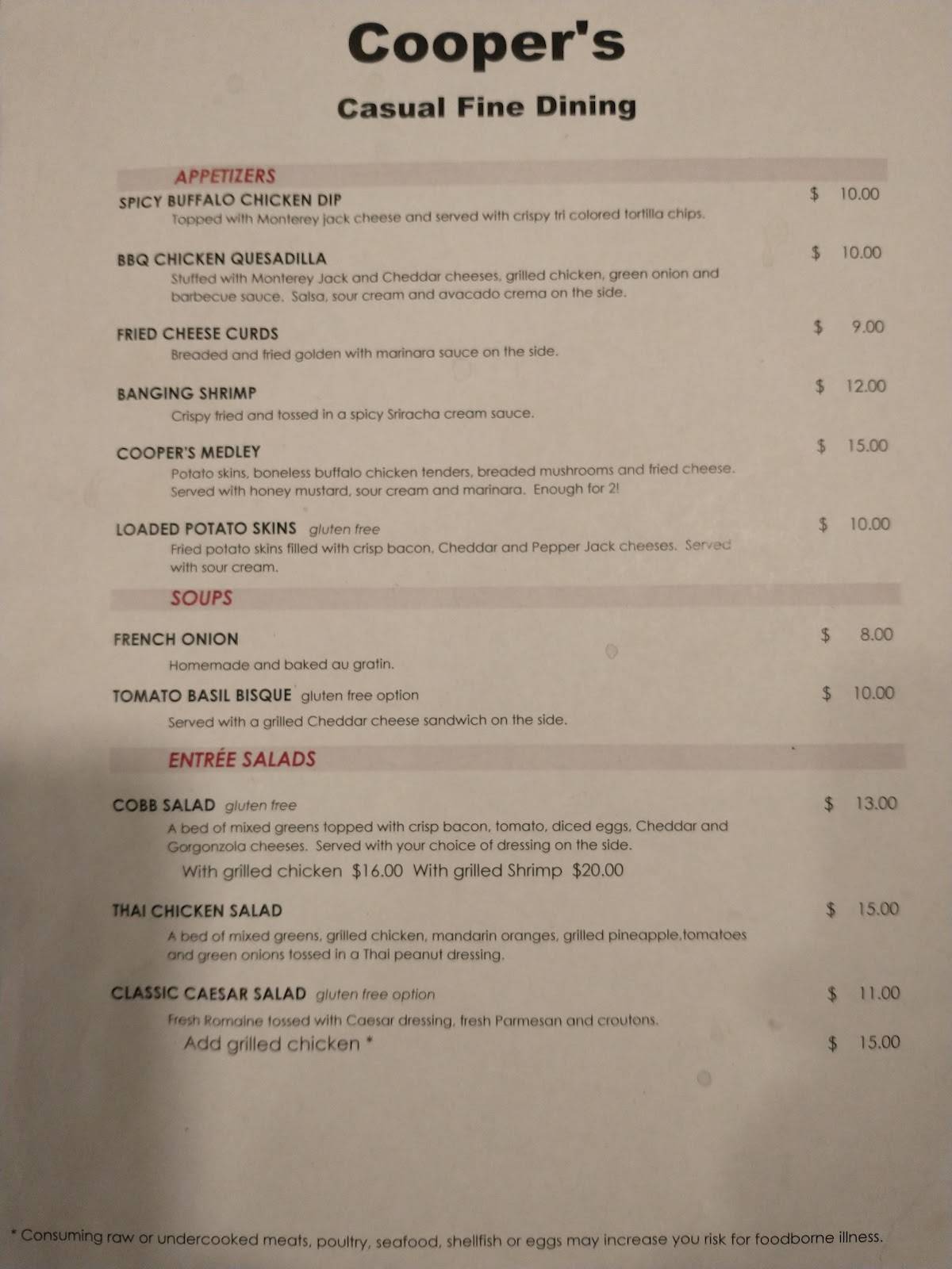 Menu at Cooper's Restaurant, Alcoa