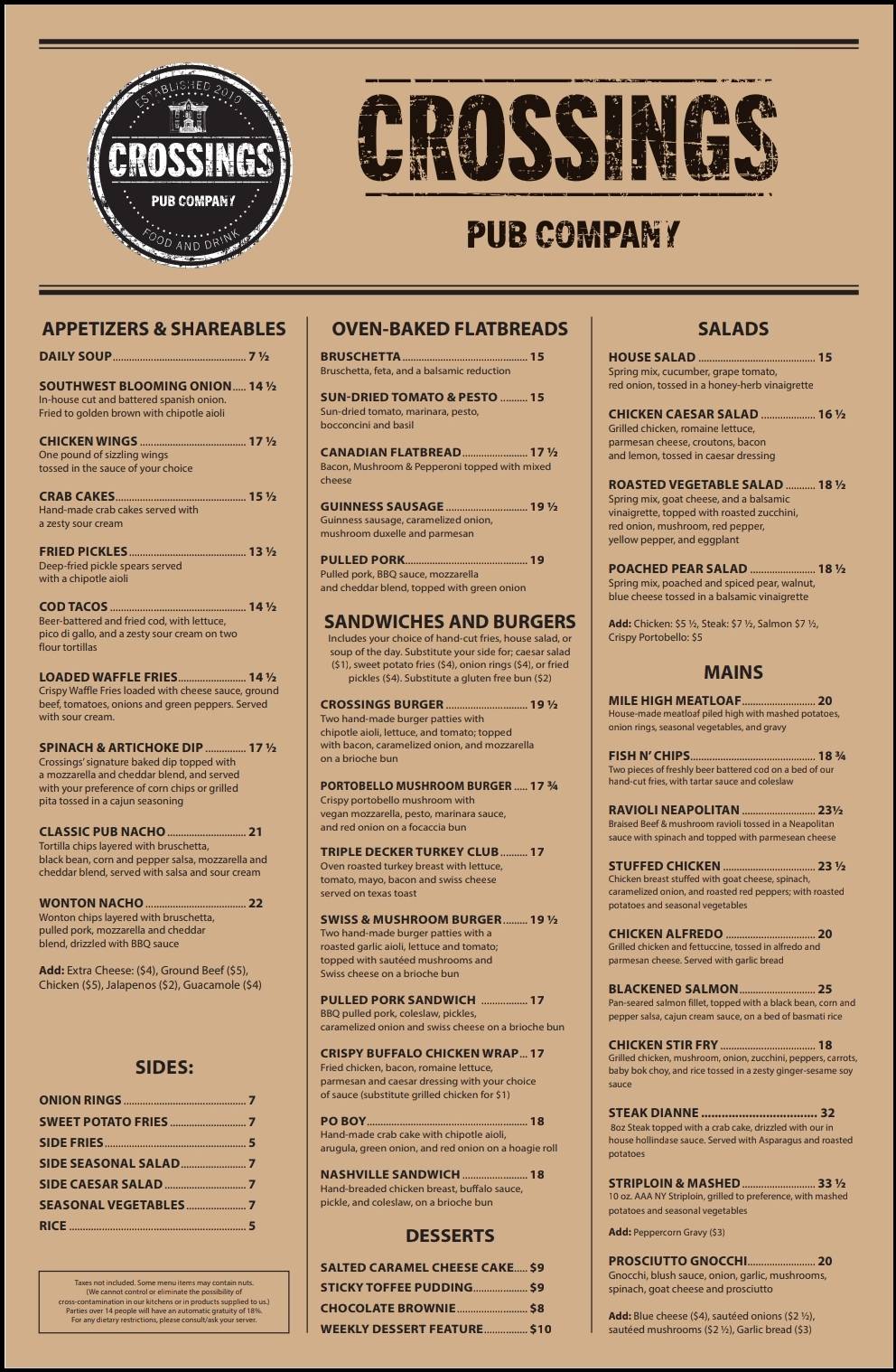 Menu at Crossing Pub & Eatery, London, Hyde Park Rd