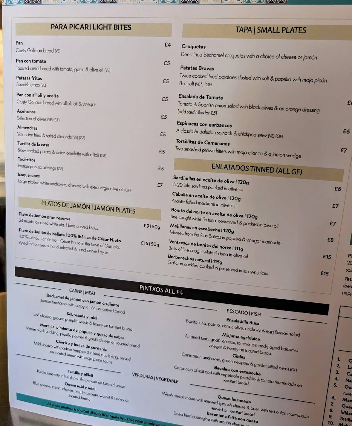 Menu at Curado Bar, Cardiff