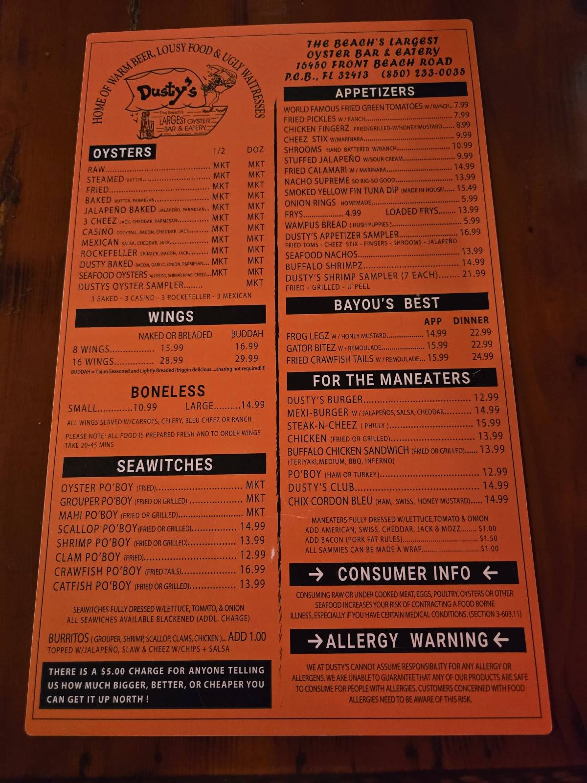 Menu at Dusty's Oyster Bar, Panama City Beach