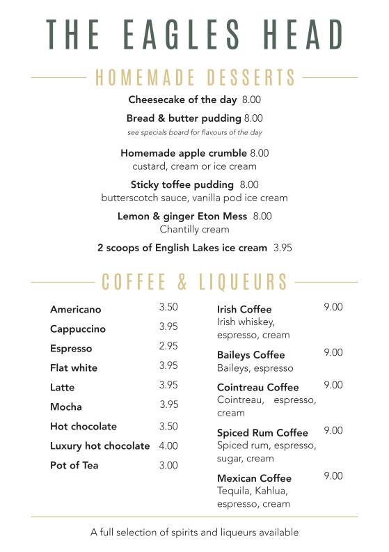Menu at Eagles Head pub & bar, Over Kellet