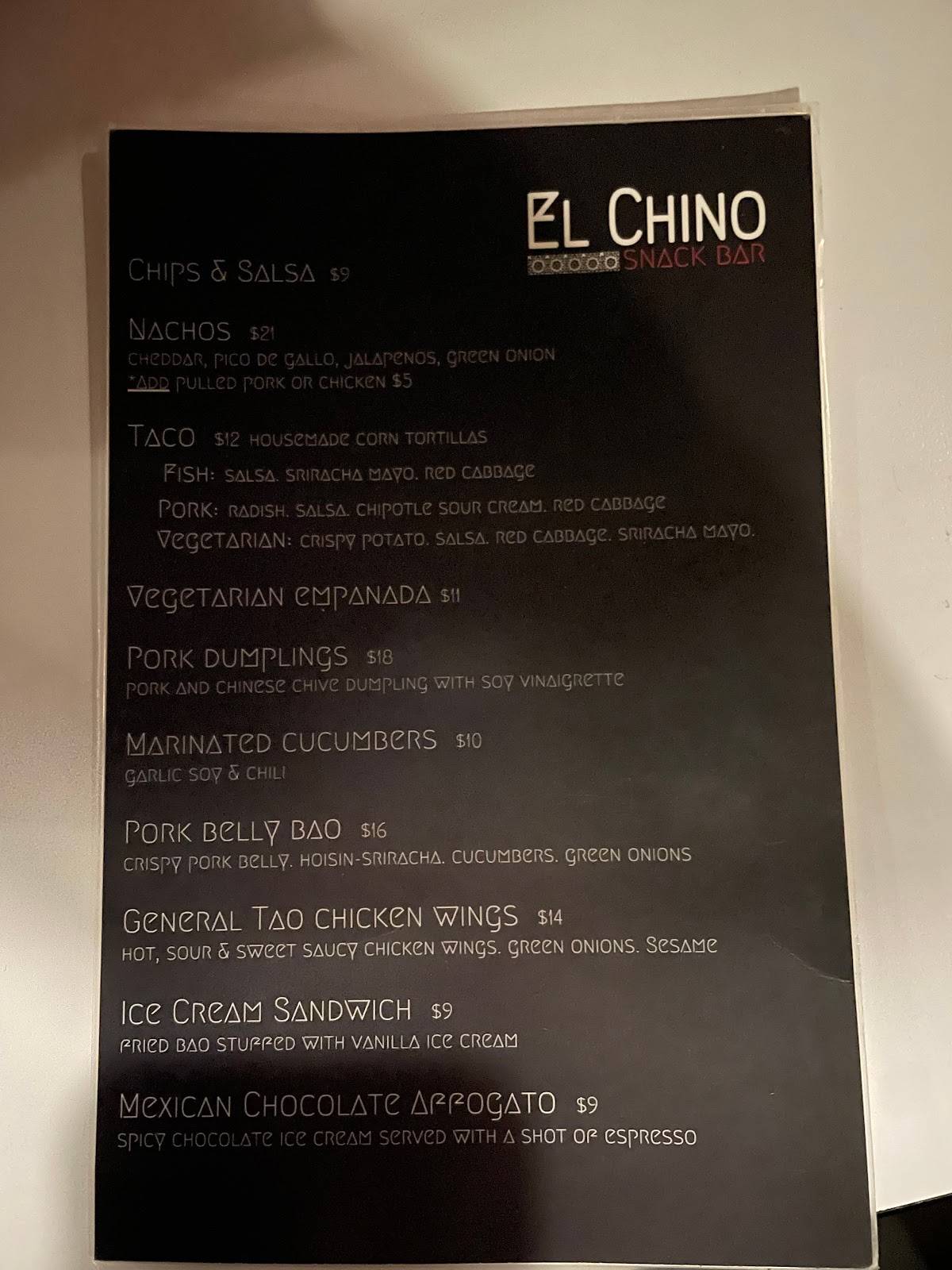 Menu at El Chino Snack Bar, Halifax