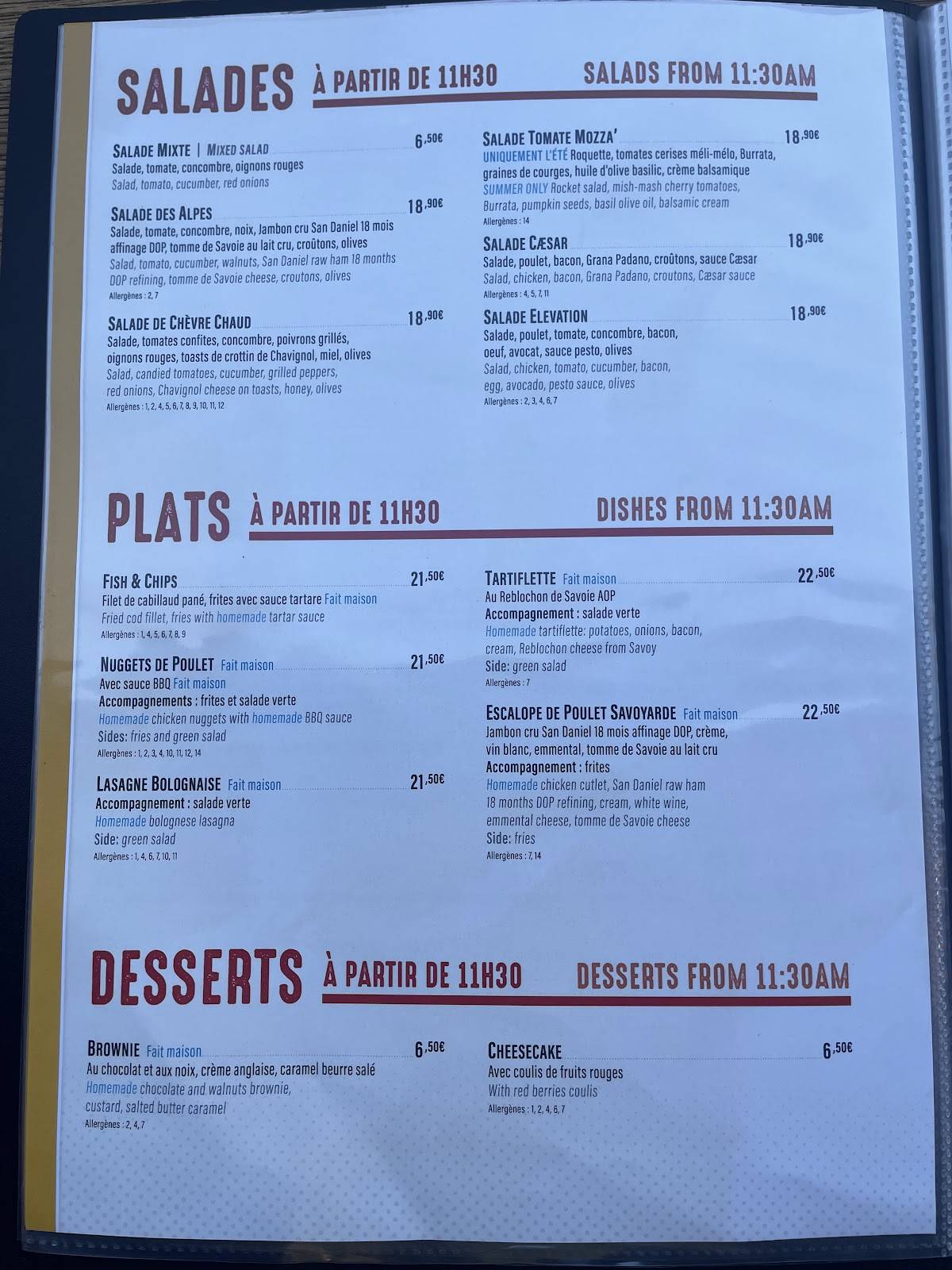 Menu at Elevation 1904 pub & bar, Chamonix