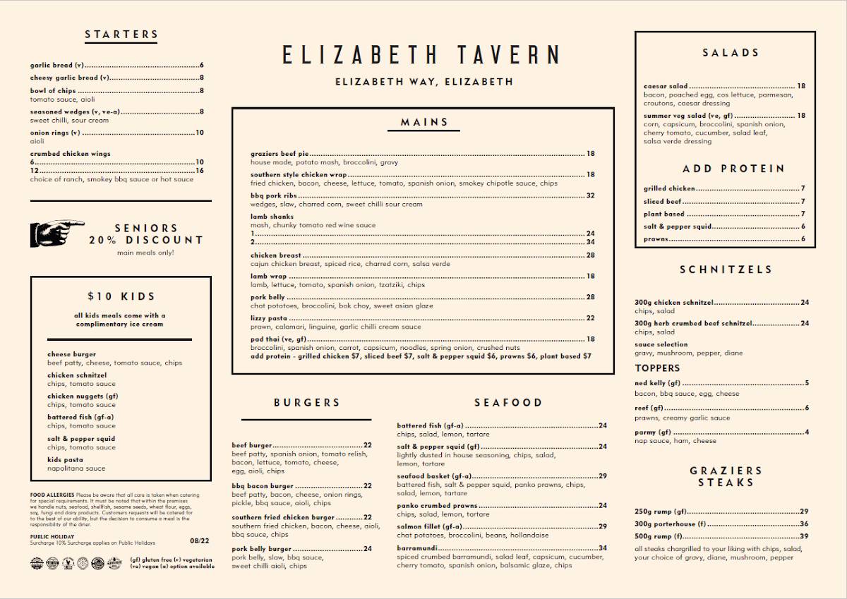 Menu at Elizabeth Tavern pub & bar, Elizabeth