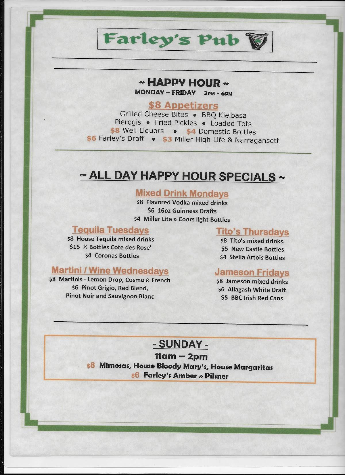 Menu at Farley's Pub, Simsbury