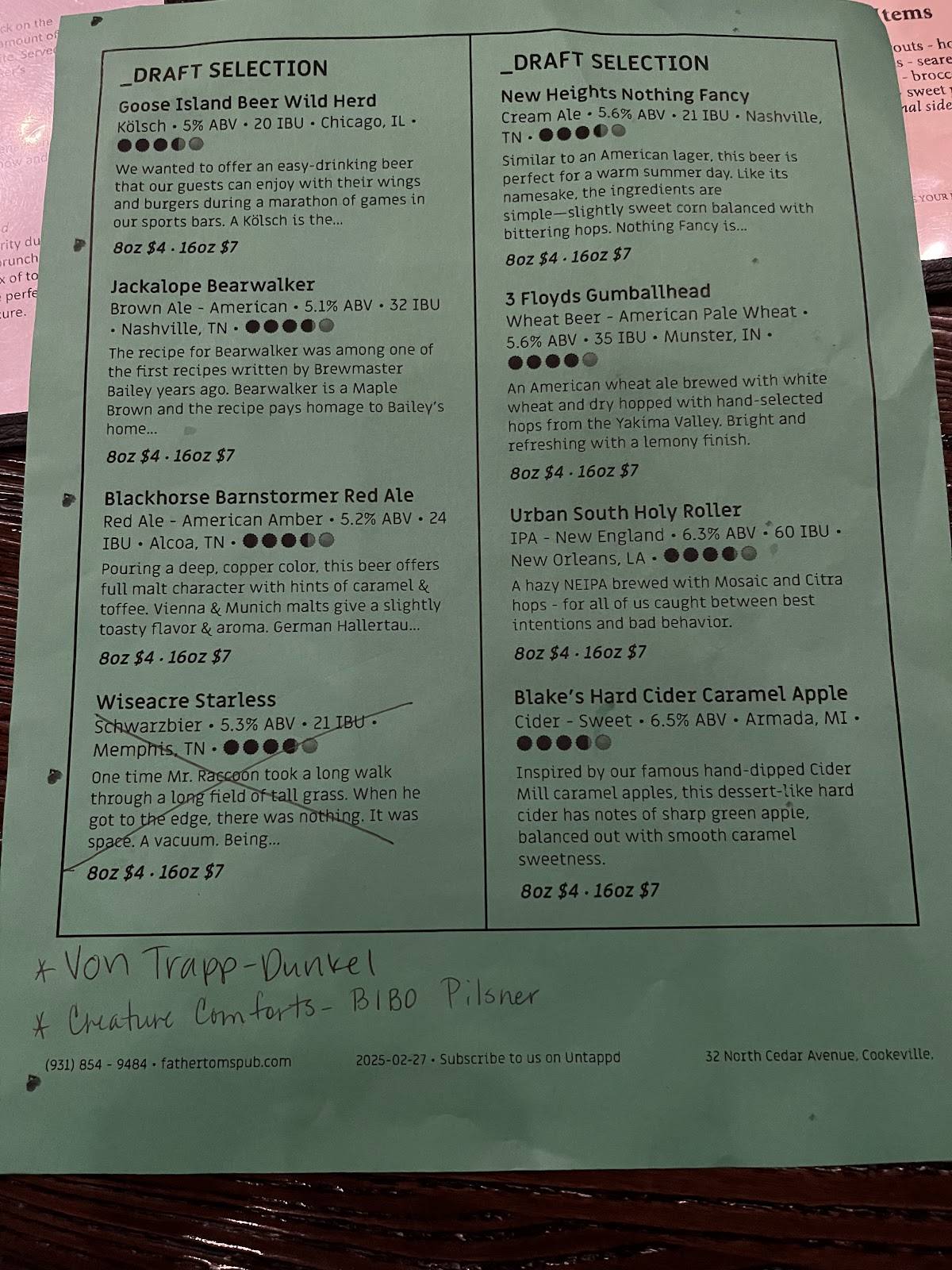 Menu at Father Tom's Pub, Cookeville, 32 N Cedar Ave