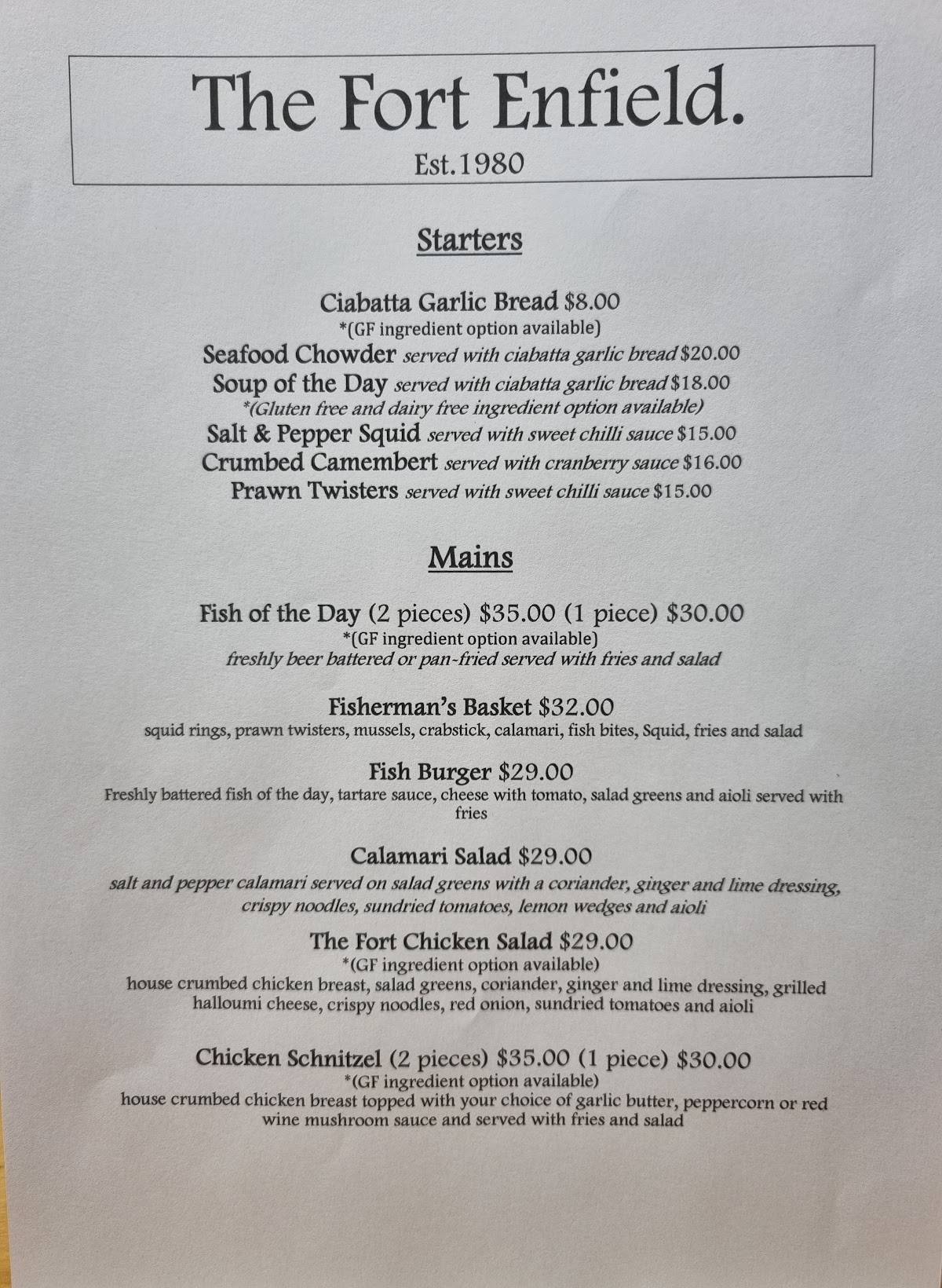 Menu at Fort Enfield Tavern pub & bar, New Zealand