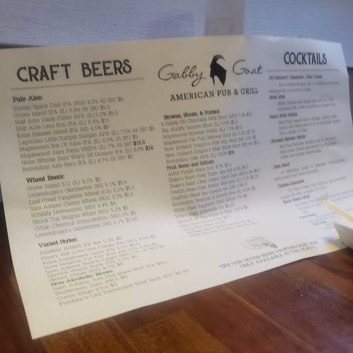 Menu at Gabby Goat American Pub & Grill, Effingham