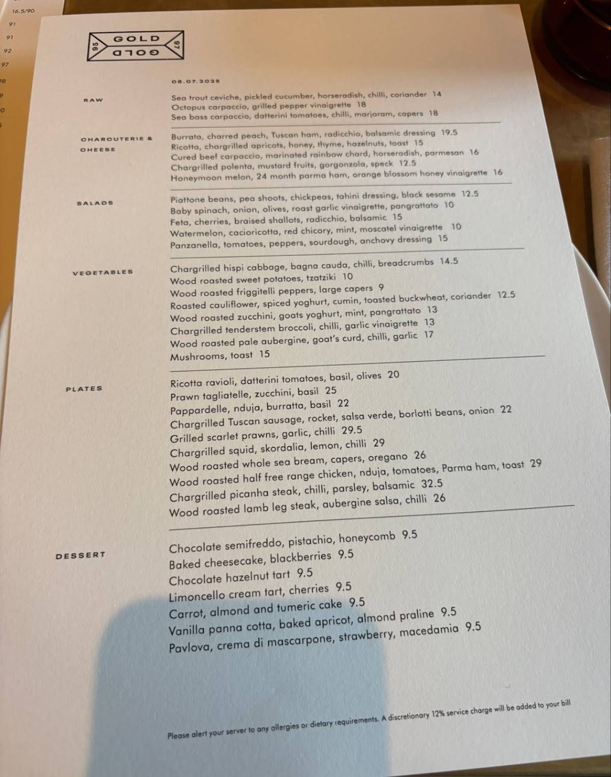 Menu at Gold pub & bar, London, 95-97 Portobello Rd