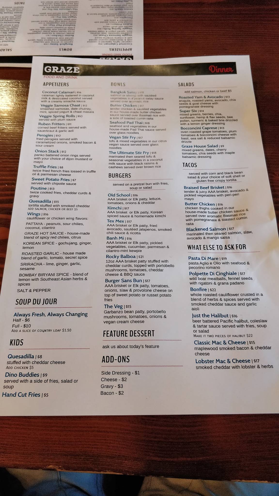 Menu at Graze Food & Drink pub & bar, Canmore