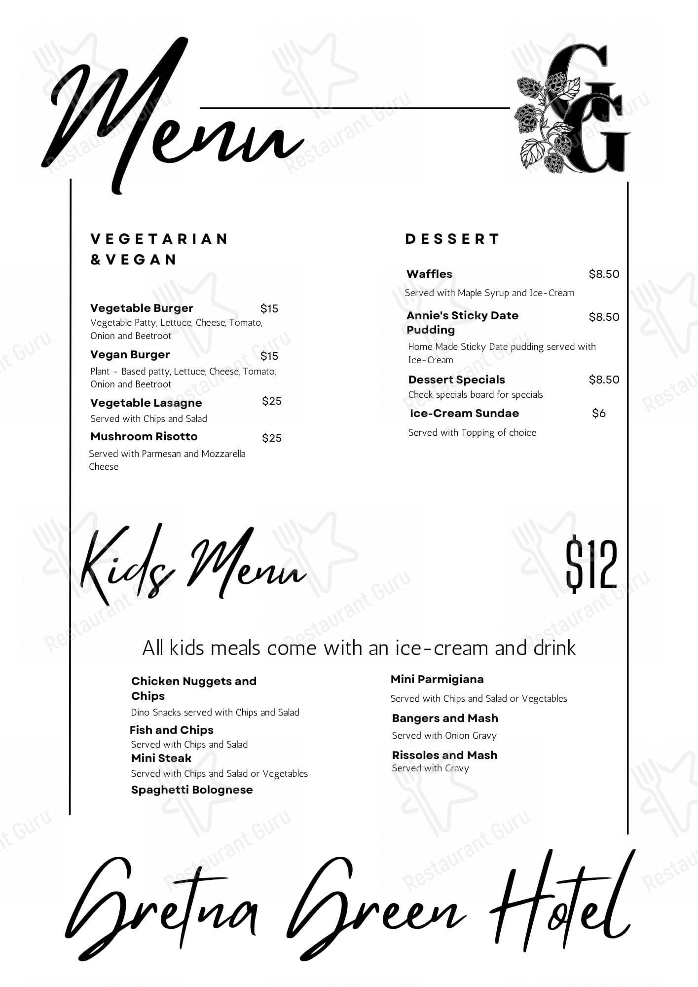 Menu at Gretna Green Hotel Tasmania pub & bar, Gretna