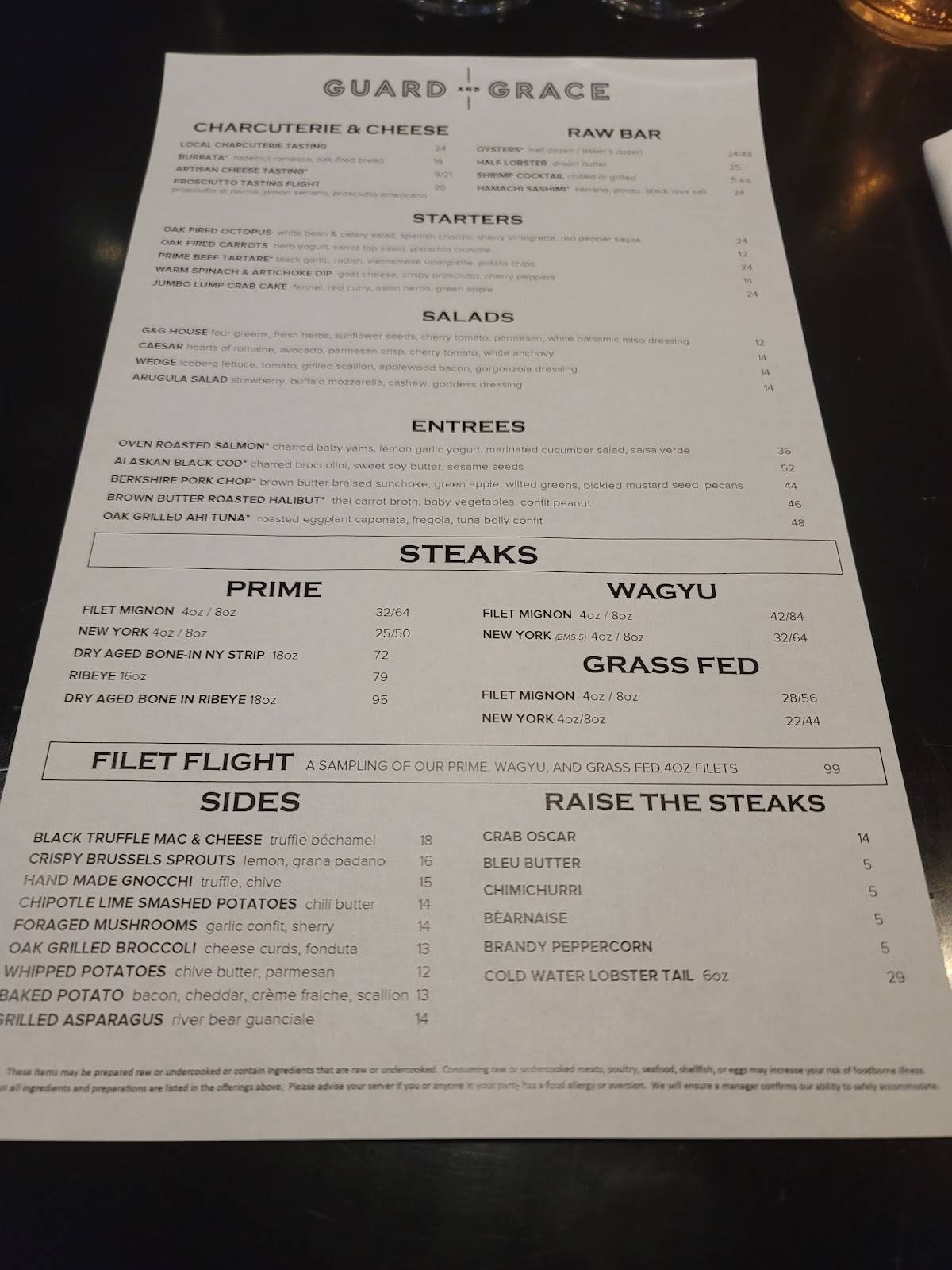 Menu at Guard and Grace steakhouse, Denver