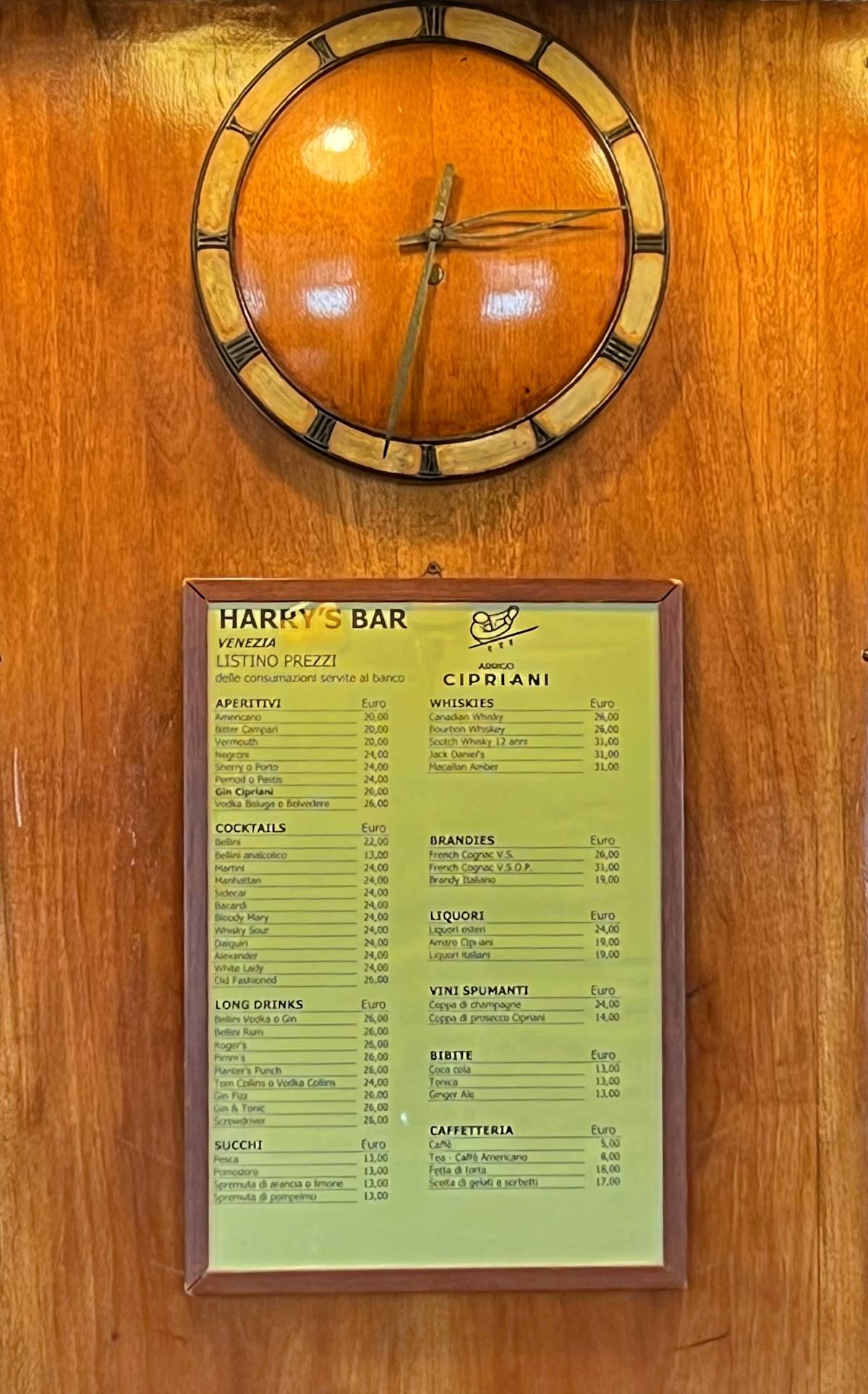 Menu at Harry's Bar, Venice, Calle Vallaresso