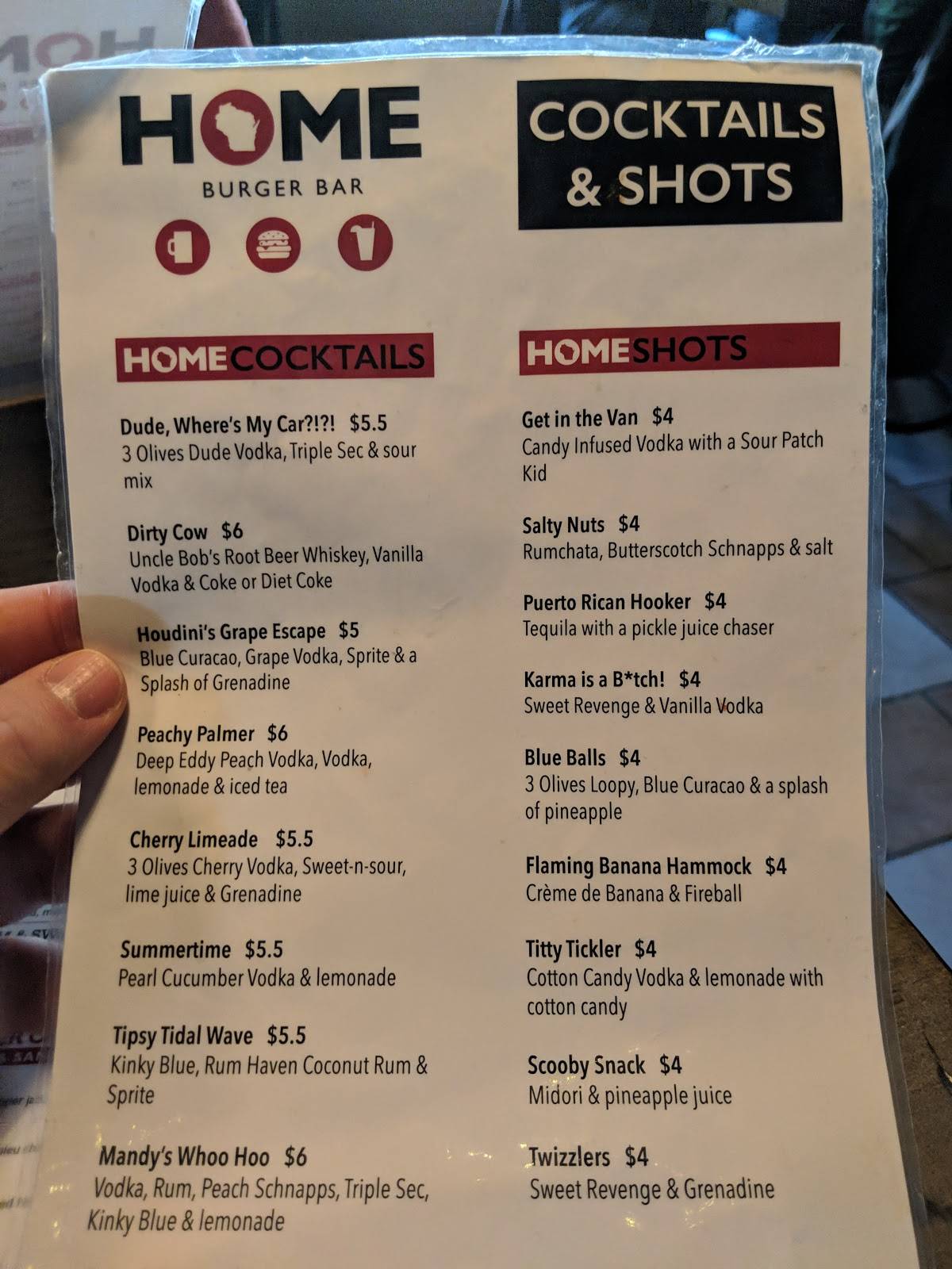 Menu at Home Burger Bar, Appleton