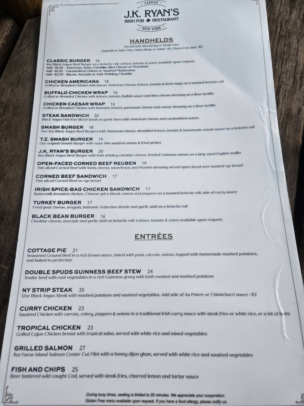 Menu at JK Ryan’s Pub and Restaurant, Tappan