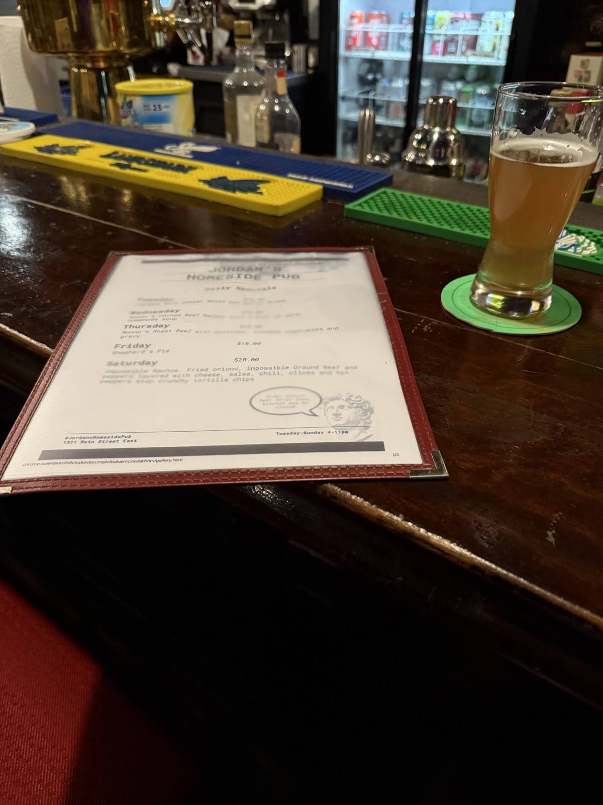 Menu at Jordan’s Homeside Pub, Hamilton