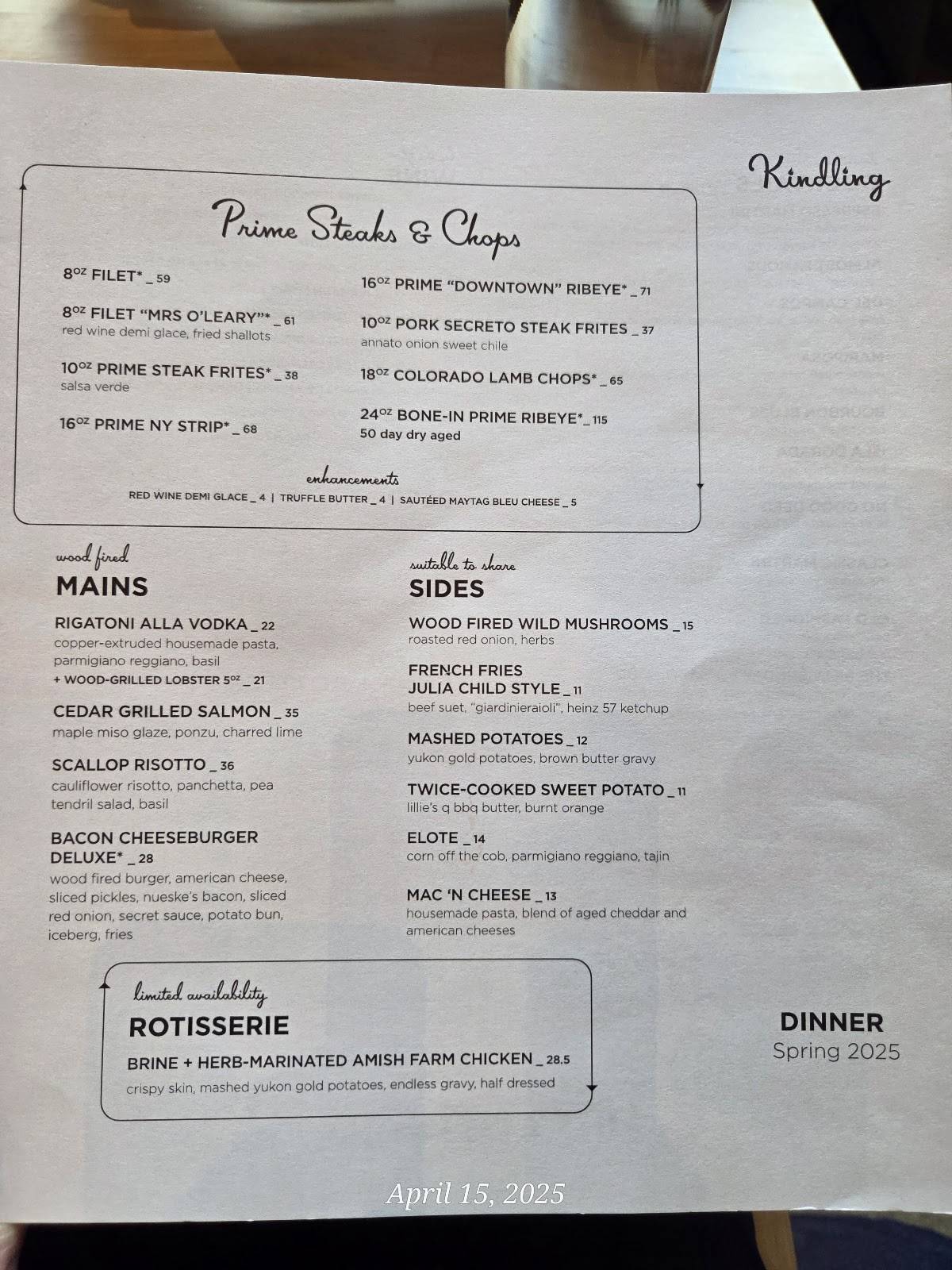 Menu at Kindling Downtown Cookout & Cocktails desserts, Chicago
