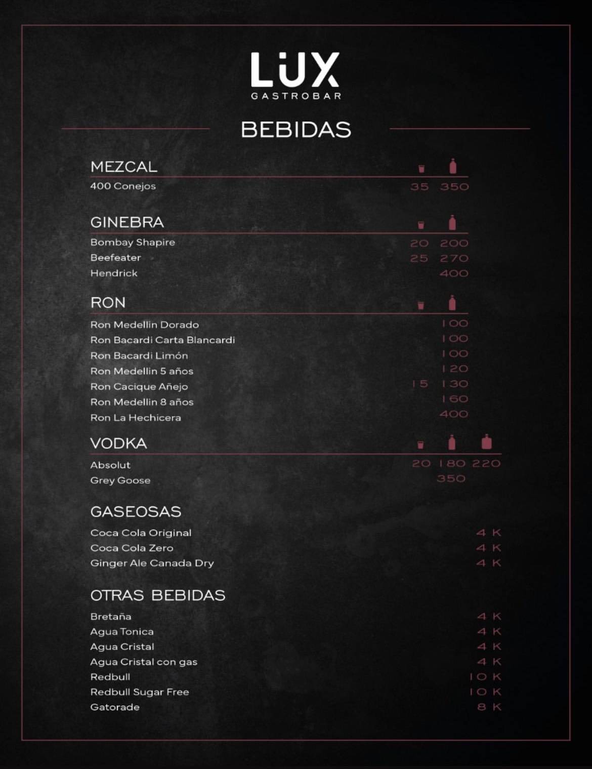 Menu at LUX pub & bar, Bogotá