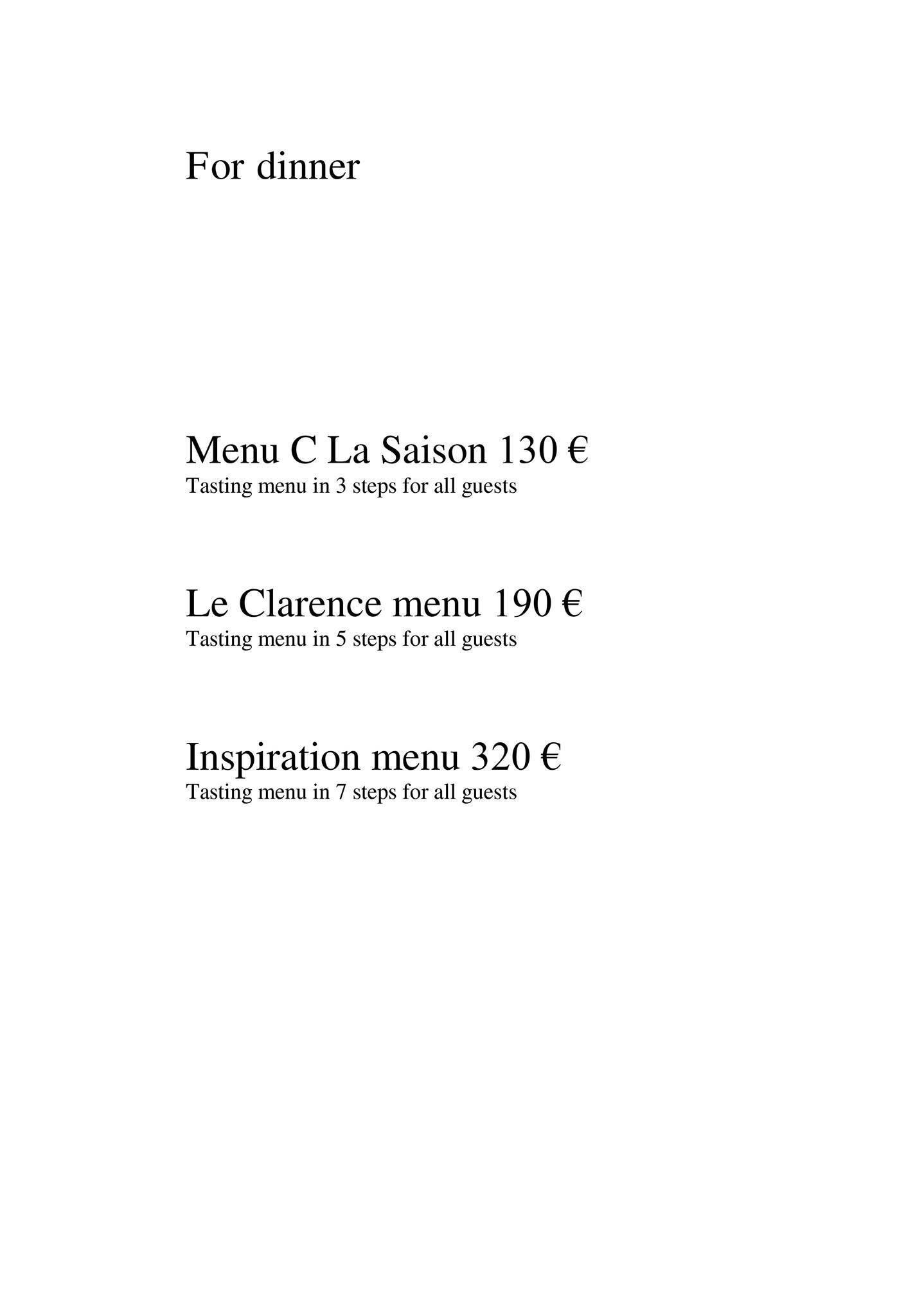Menu at Le Clarence restaurant, Paris, 31 Av. Franklin Delano Roosevelt